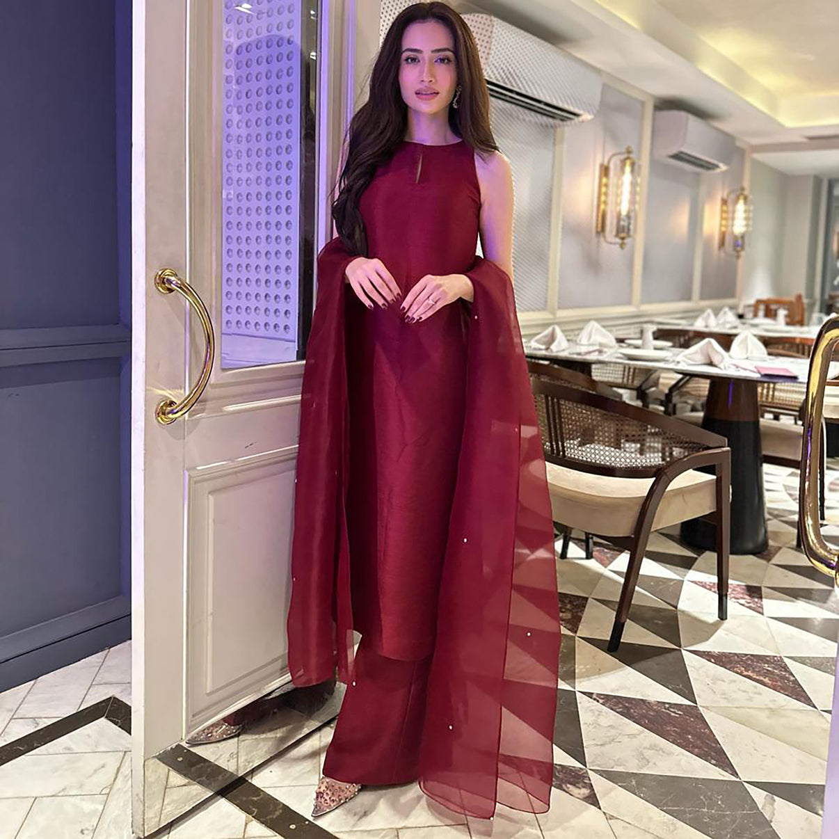 Sana Javed in Deep Maroon Simply Iconic. – Sadaf Kanwal